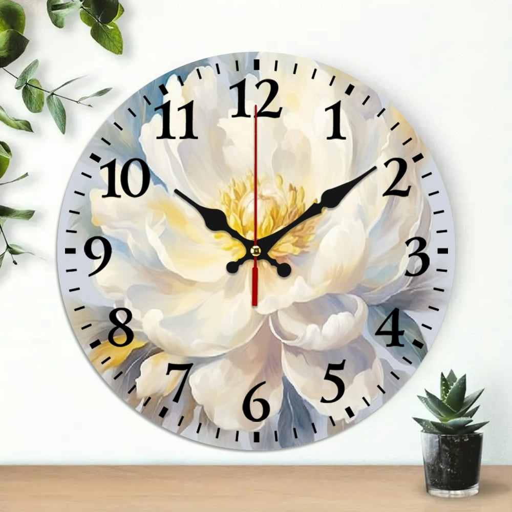 Creowell Wooden Wall Clock Flowers Print Silent Movement 10 Inch ...