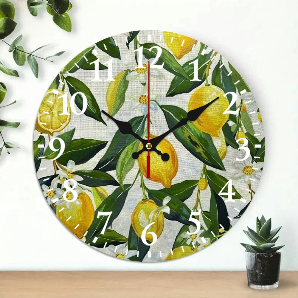 Creowell Wooden Wall Clock Lemons Flowers Green Leaves Print 10 Inch ...