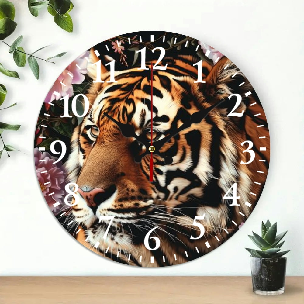 Creowell Wooden Wall Clock Tiger Flowers Digital Art Print 10 Inch ...