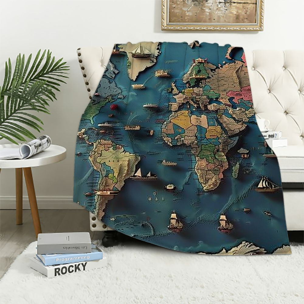 Creowell World Map with Landmarks and Monuments Blanket - Flannel Throw ...