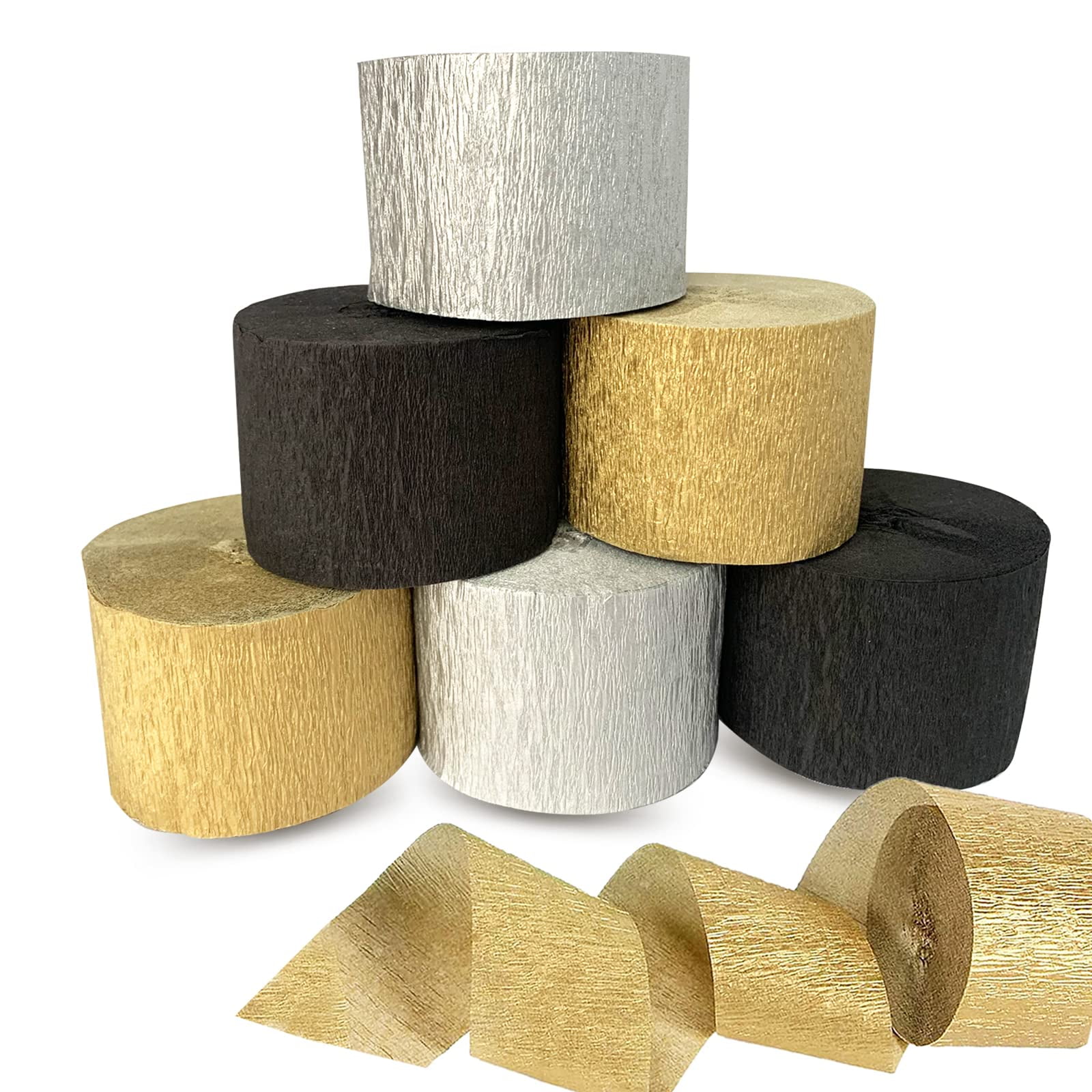 Crepe Paper Streamers 6 Rolls 492ft, Pack of Gold, Silver, Black ...