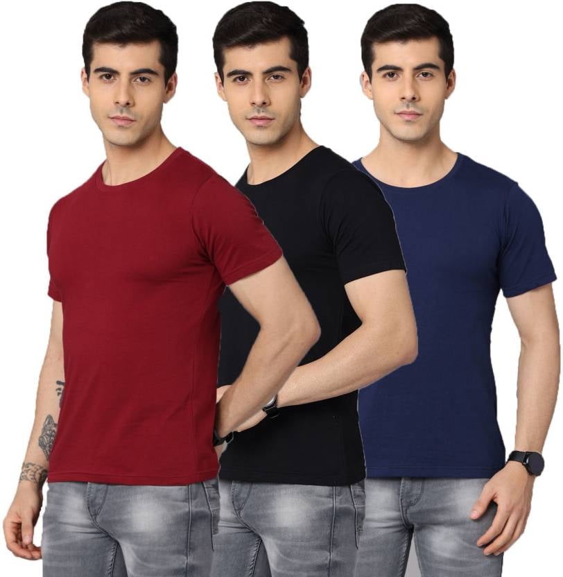 Crepeon Solid Men Cotton Round Neck Navy Blue,Black,Maroon, T Shirt - Walmart.com