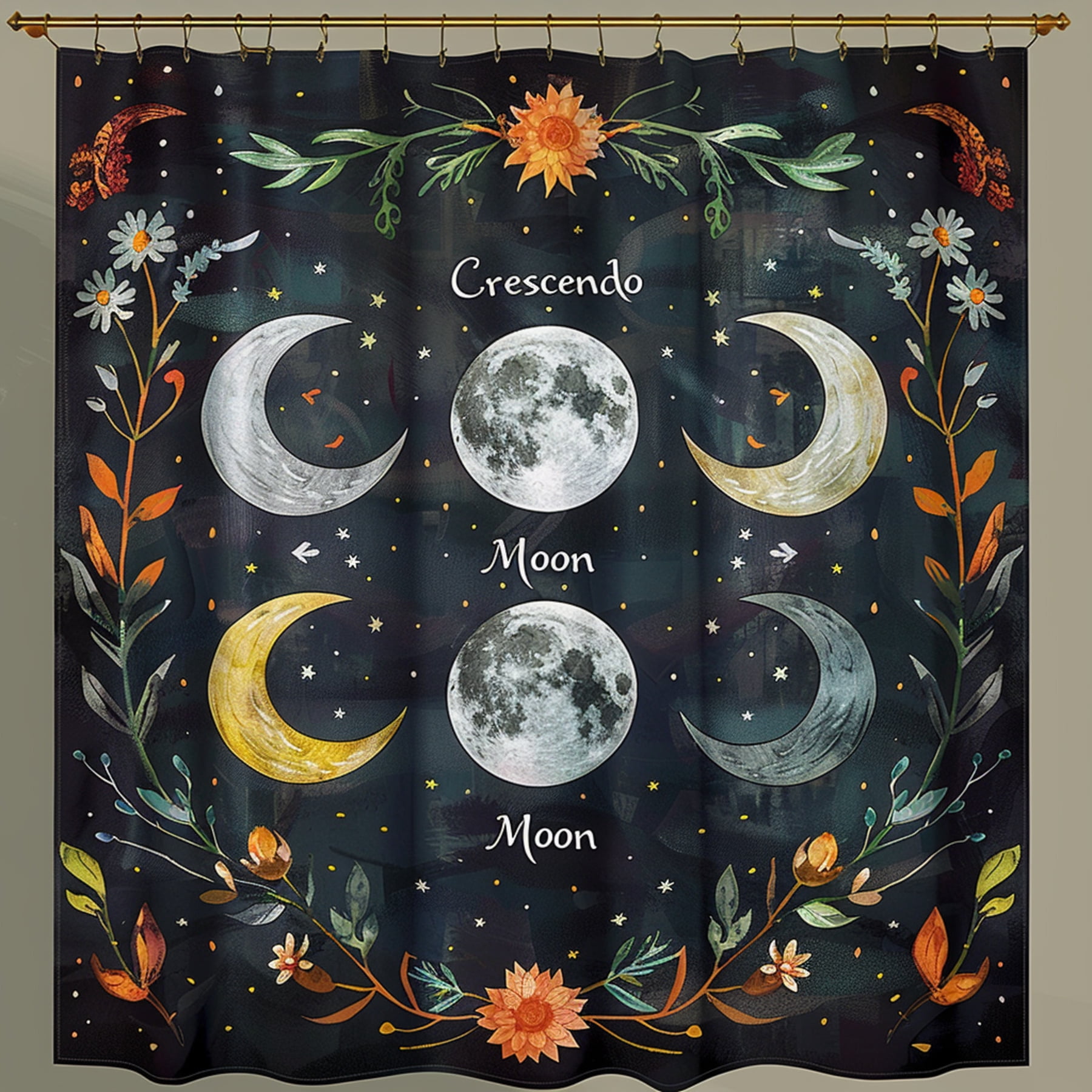 Crescendo Moon Watercolor Style Shower Curtain with Floral Elements ...
