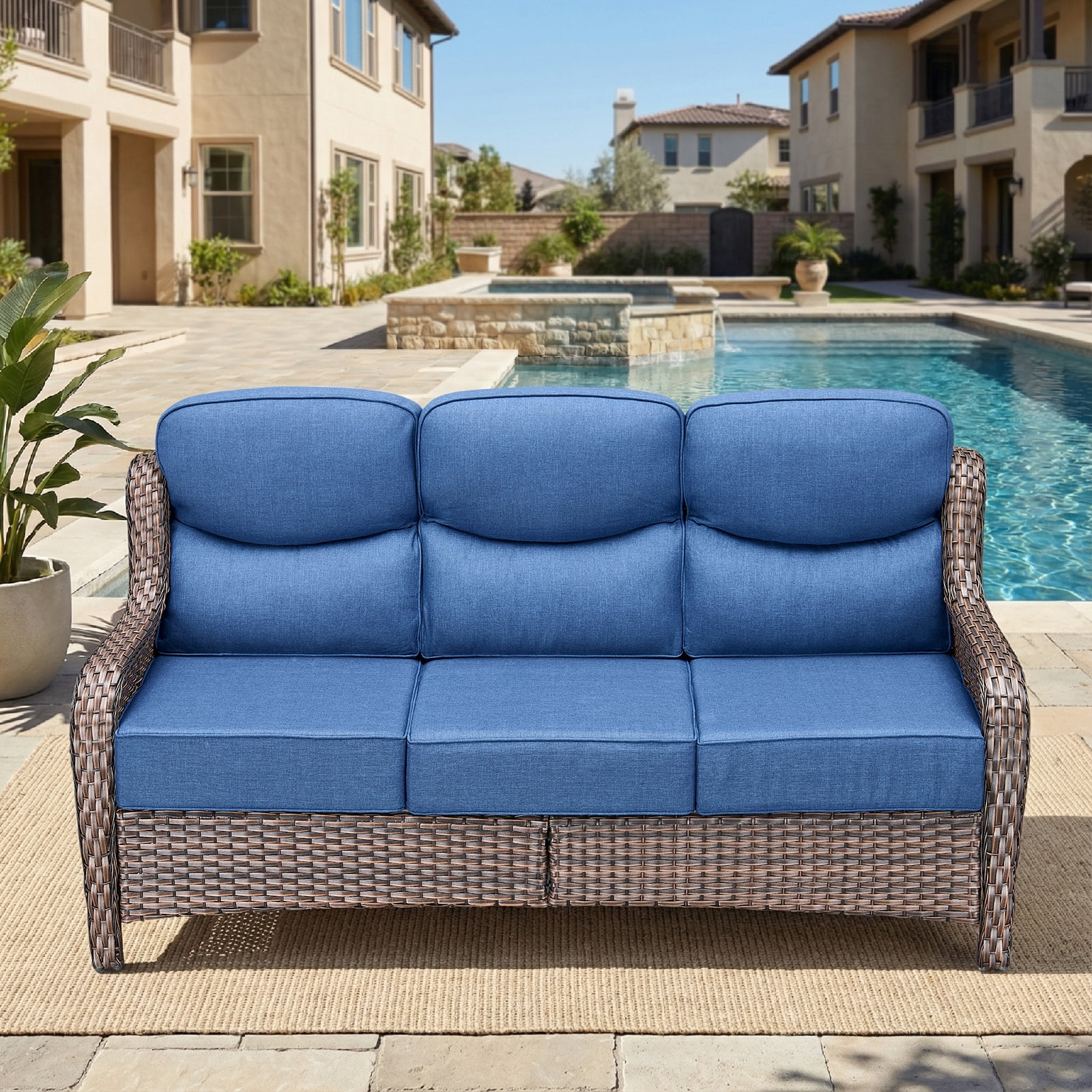 moosprr 3-Seat Brown PE Wicker Outdoor Couch with 6 in. Olefin Blue ...