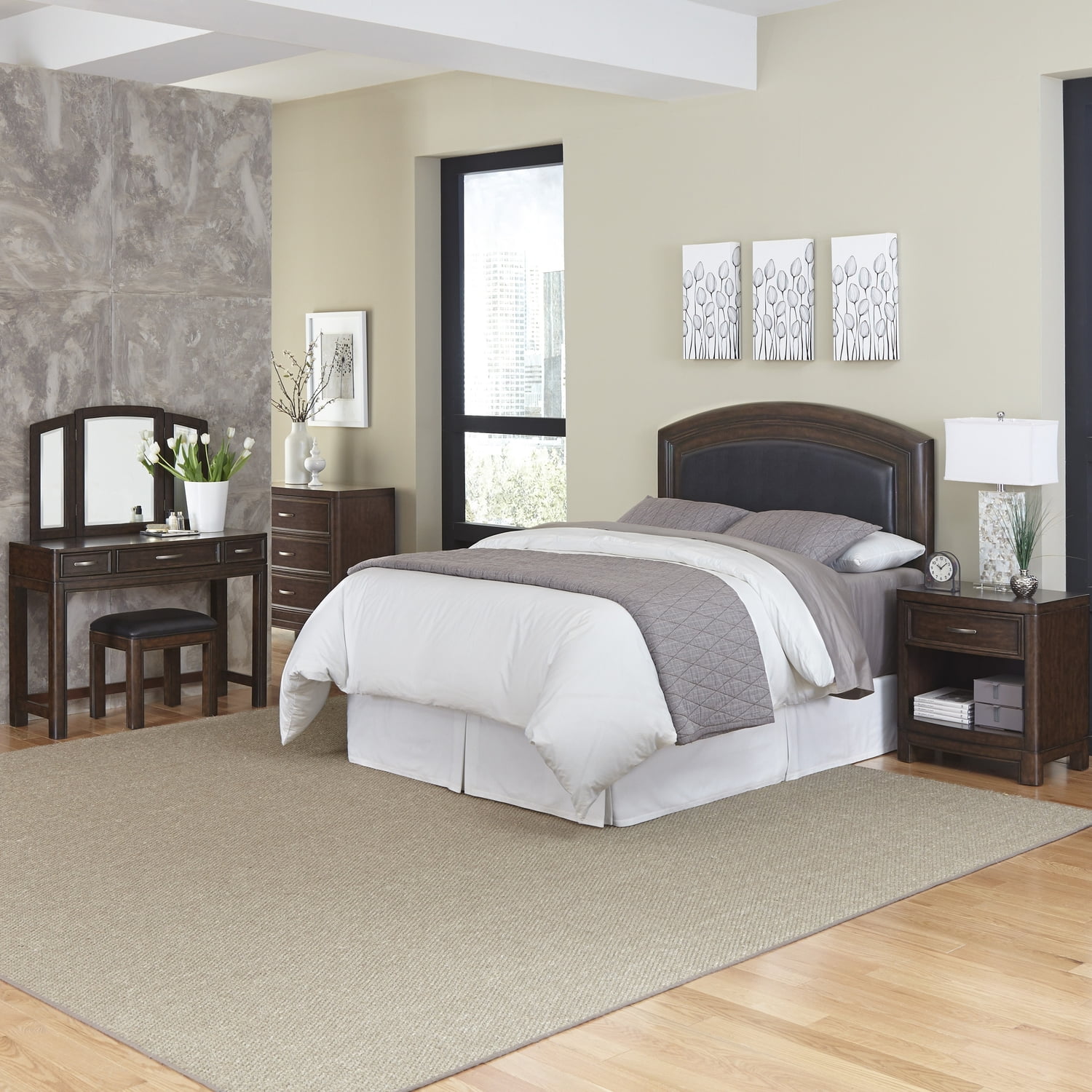 Crescent Hill Leather Upholstered Headboard, Night Stand, Vanity Set ...