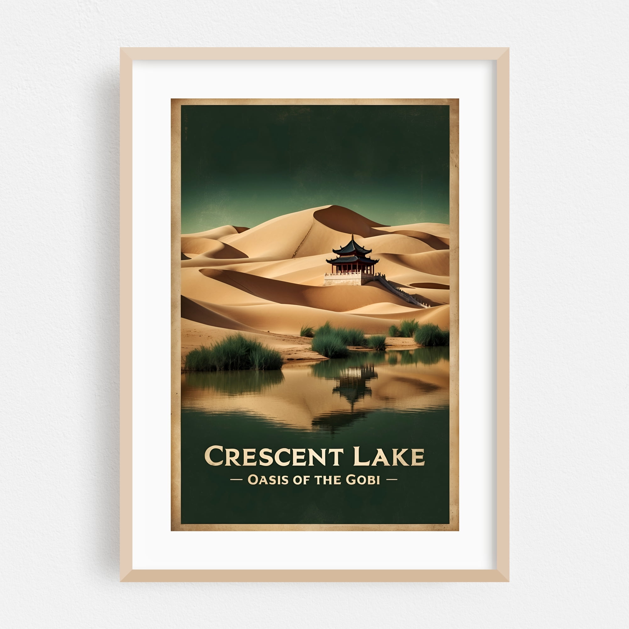 Crescent Lake Vintage Travel Poster – Oasis of the Gobi - Illustration ...