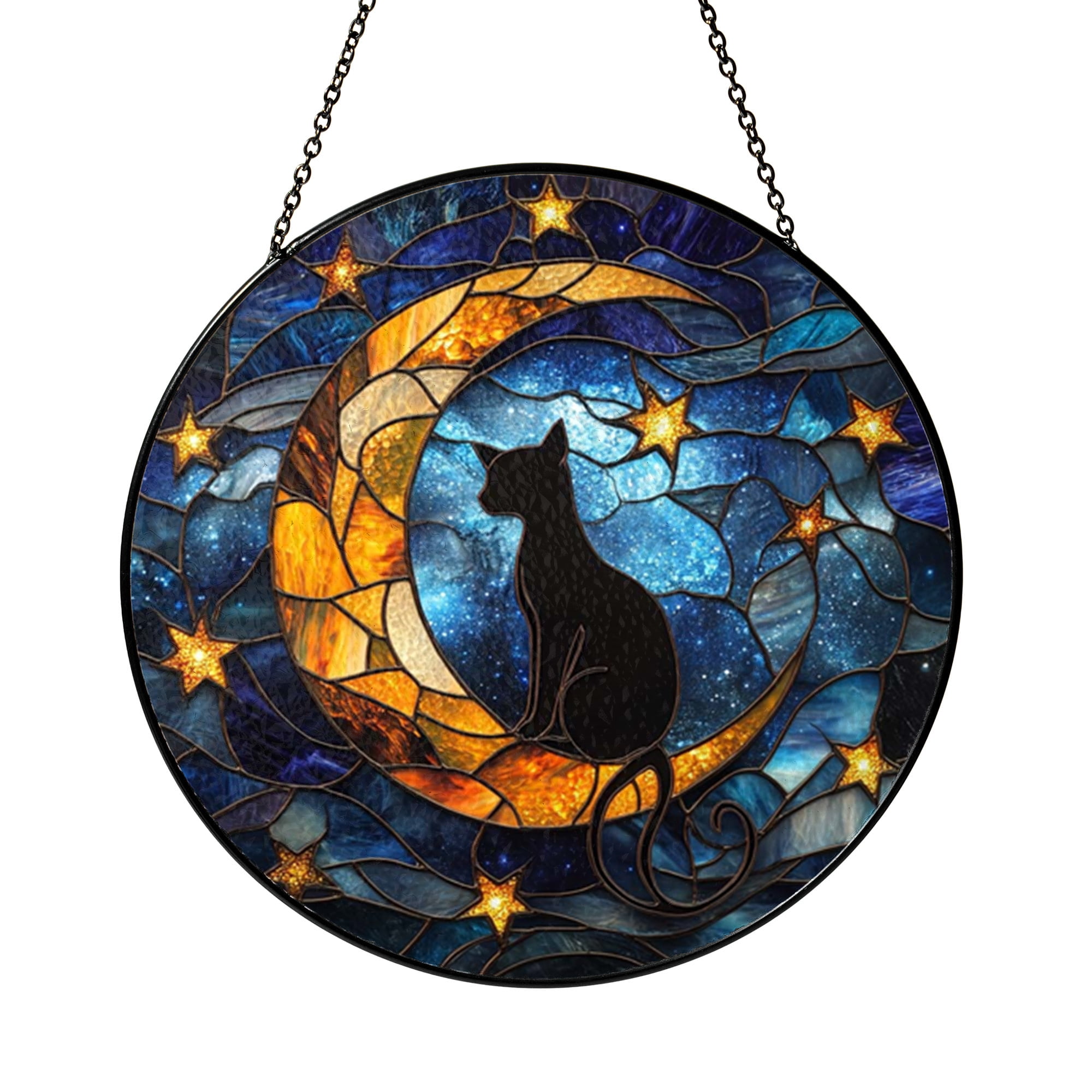 Crescent Moon Black Cat Stained Glass Suncatcher, Starry Window Hanging ...
