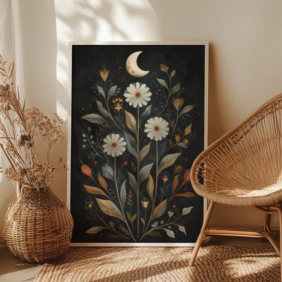 Crescent Moon Botanical Dark Floral Folk Lunar Nature Witchy ...