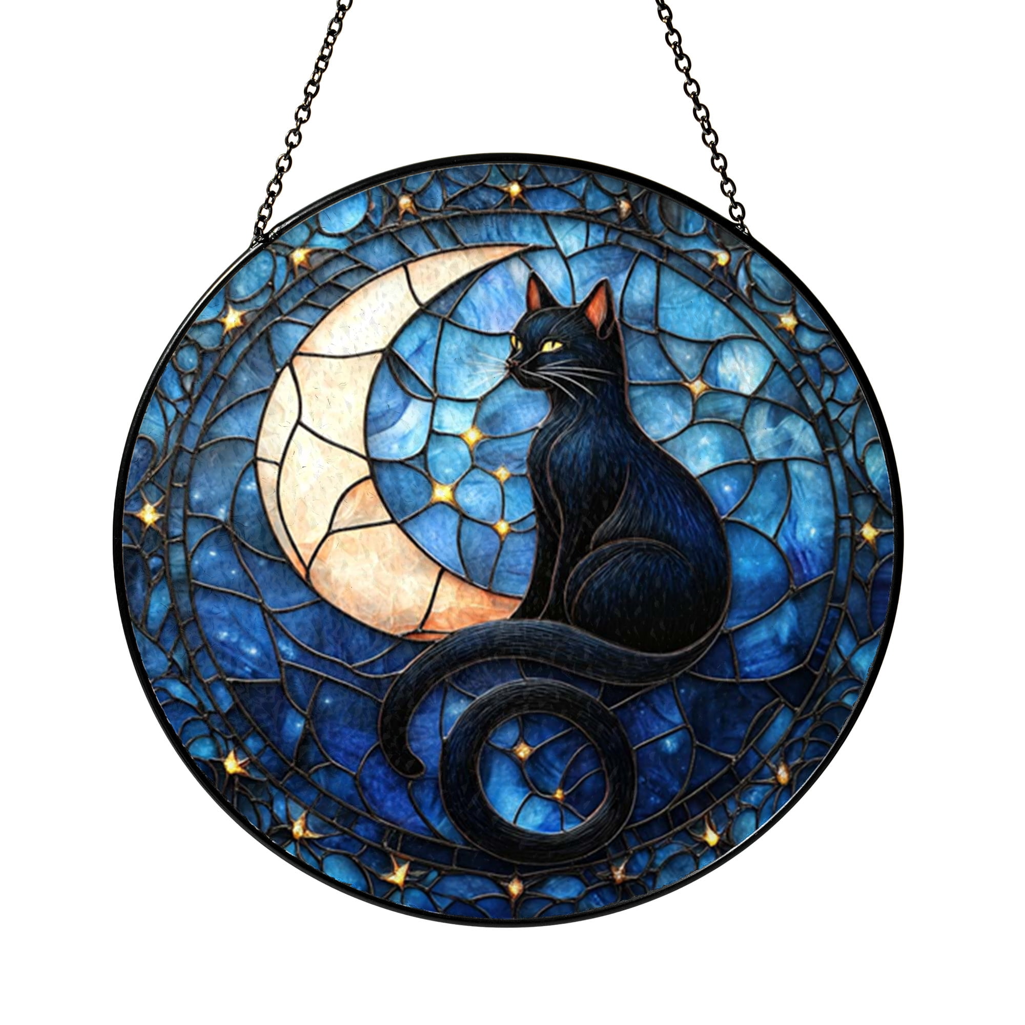Crescent Moon Cat Stained Glass Suncatcher Window Hanging Ornament ...