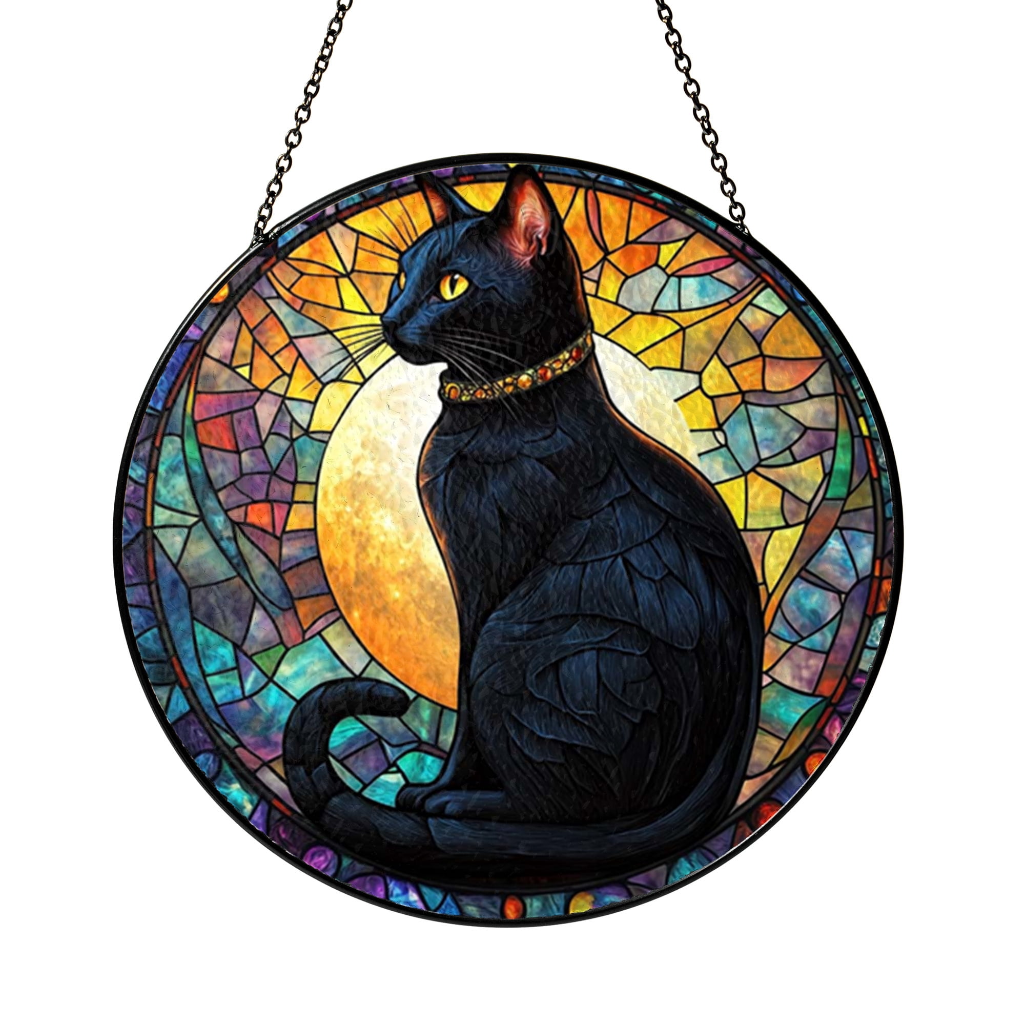 Crescent Moon Cat Window Hanging Stained Glass Style Suncatcher, Black ...