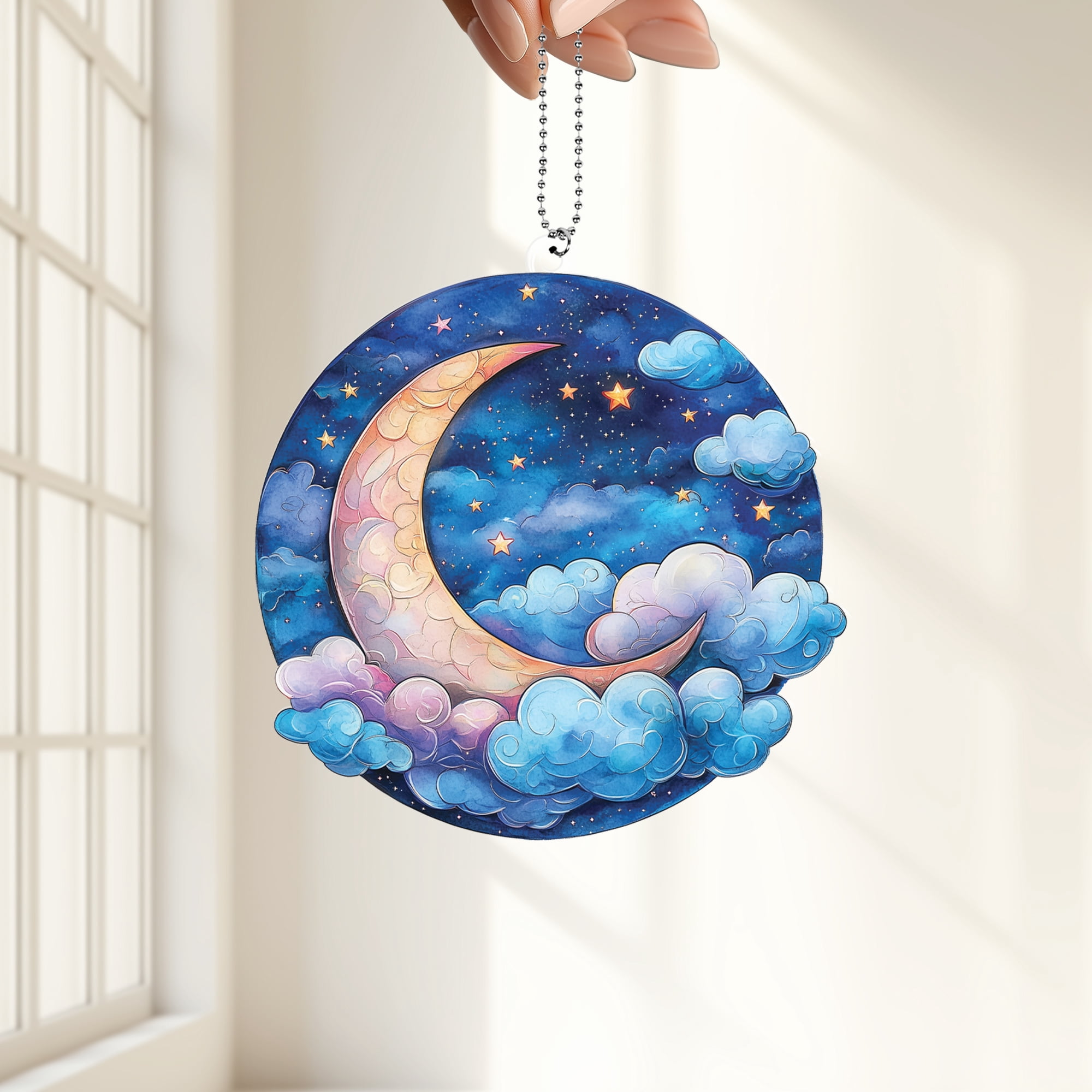Crescent Moon & Clouds Acrylic Hanging Ornament – Stained Glass Style ...