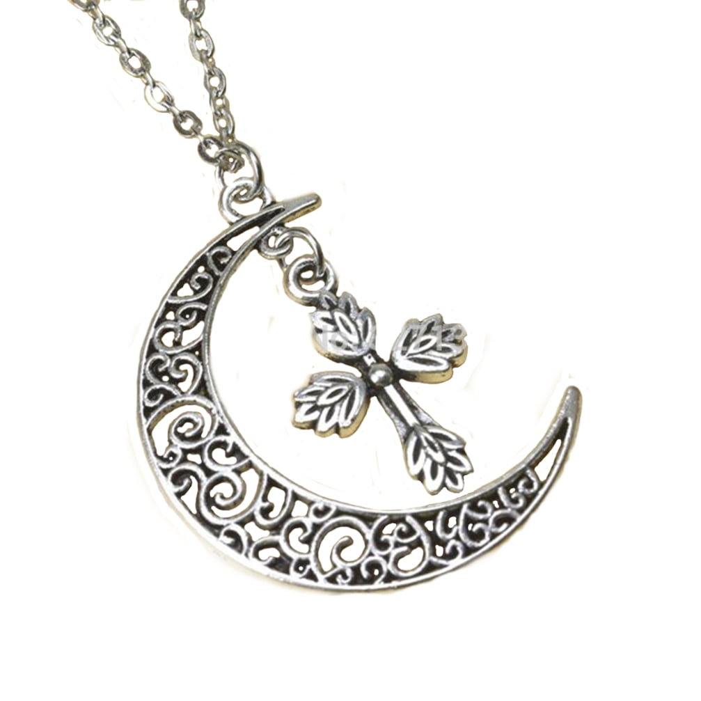 Crescent Moon Cross Antique Silver tarnish Resistant Necklace Pendant ...