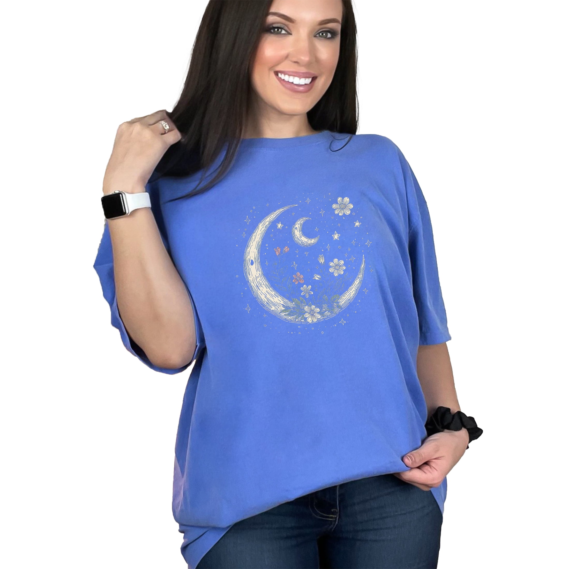 Crescent Moon and Floral Design T-Shirt, Celestial Moon and Stars ...