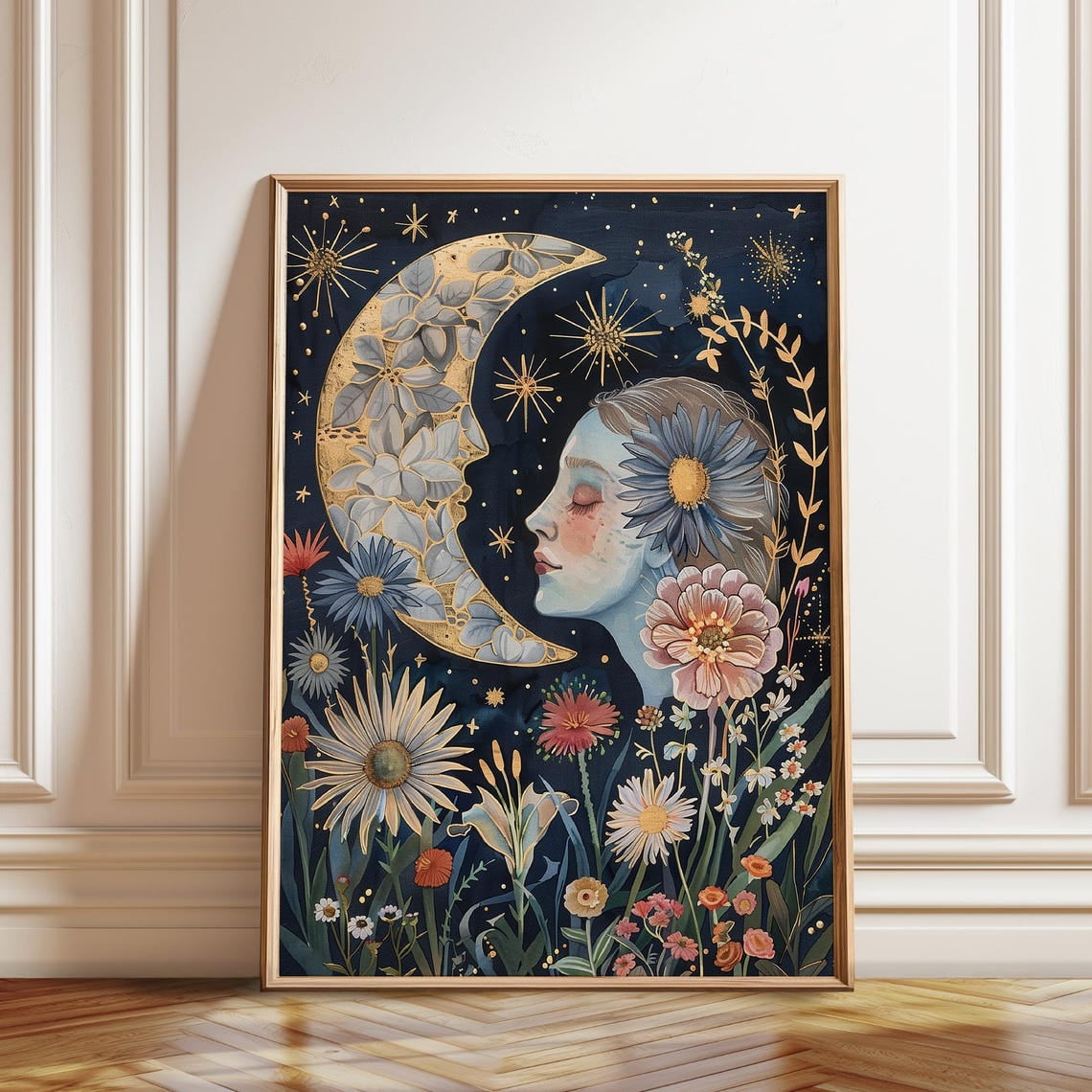 Crescent Moon And Flowers Wall Art - Mystical Garden Night Wall Decor ...