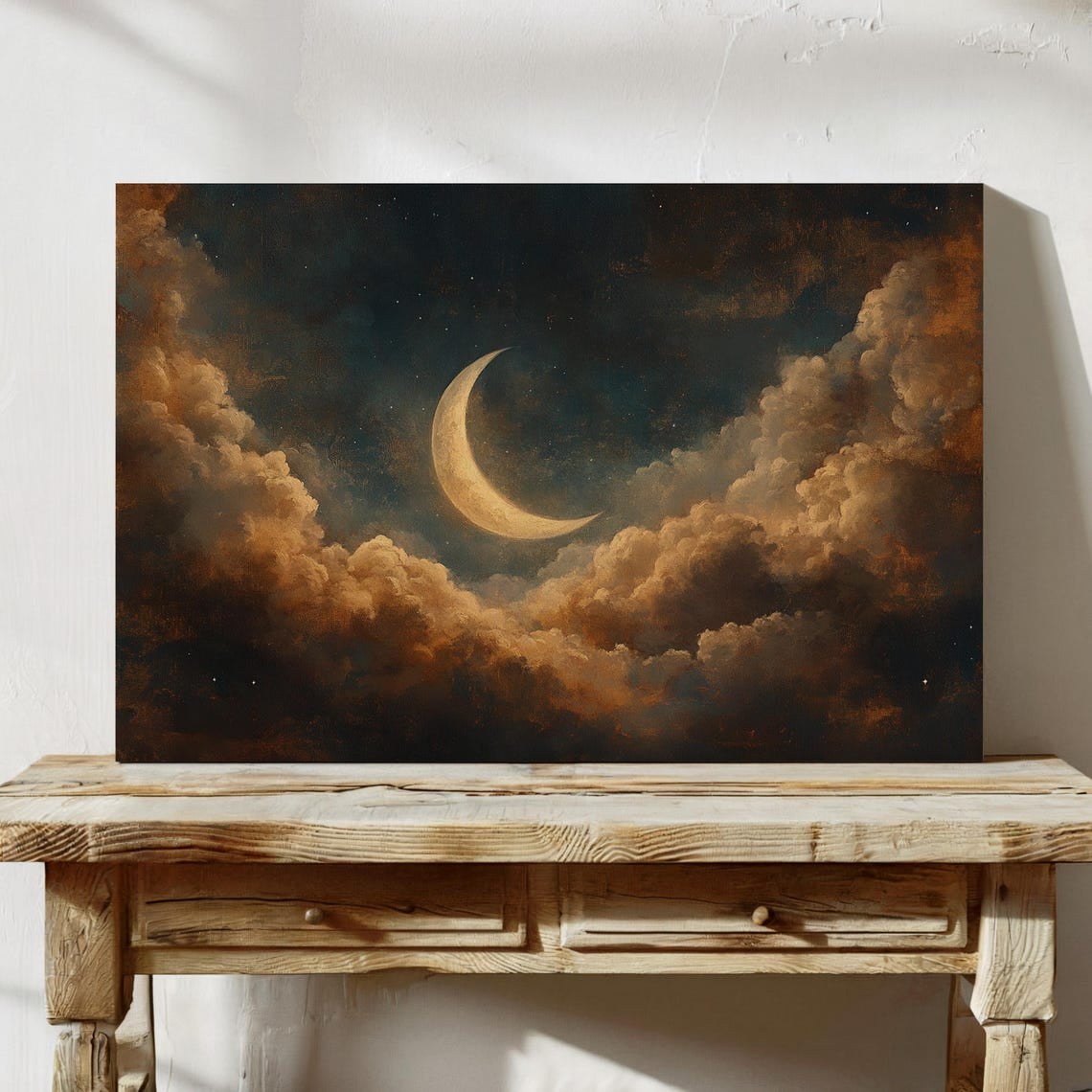 Crescent Moon And Golden Clouds Art - Dreamy Night Sky Wall Decor With Starry Atmosphere For ...