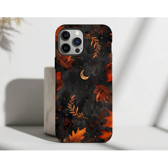 Crescent Moon Gothic Autumn Leaves Night Sky for iPhone 17 to 11 Pro ...