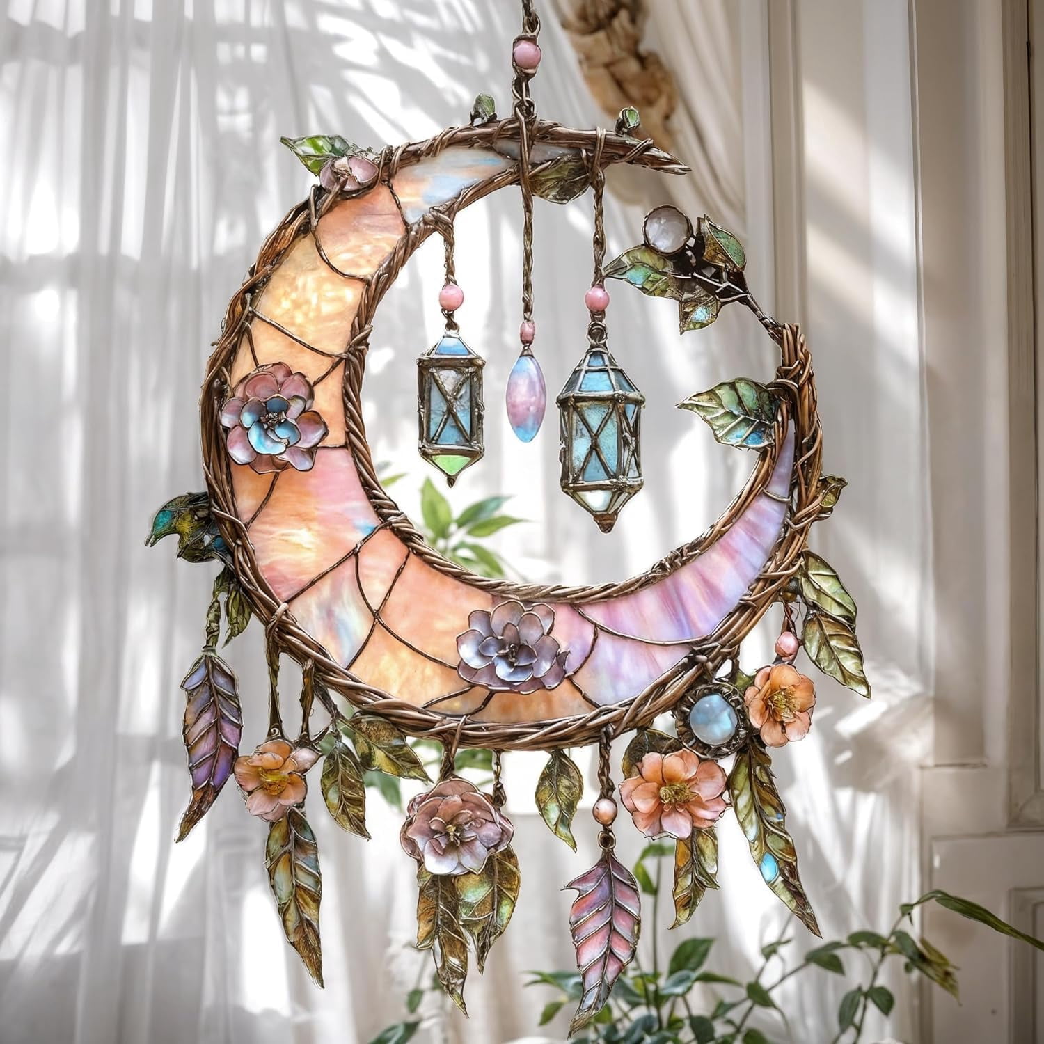 Crescent Moon Lanterns & Flowers Acrylic Suncatcher, Hand-Painted Moon ...
