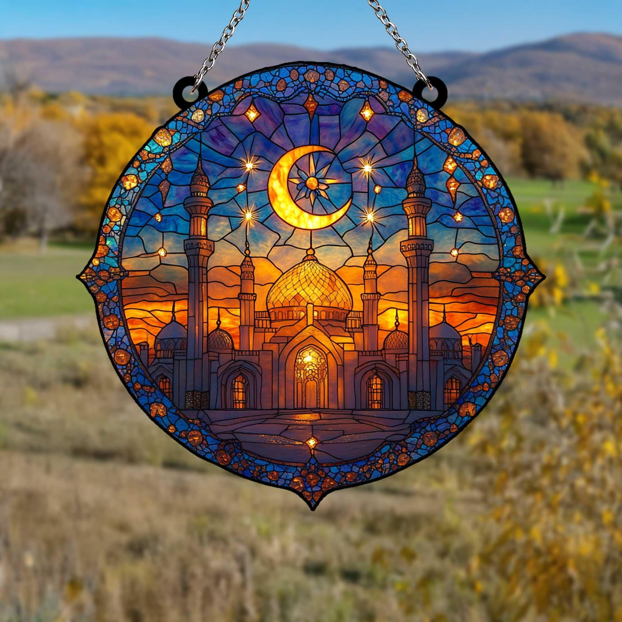 Crescent Moon Mosque Suncatcher, Acrylic Window Hanging with Glowing ...
