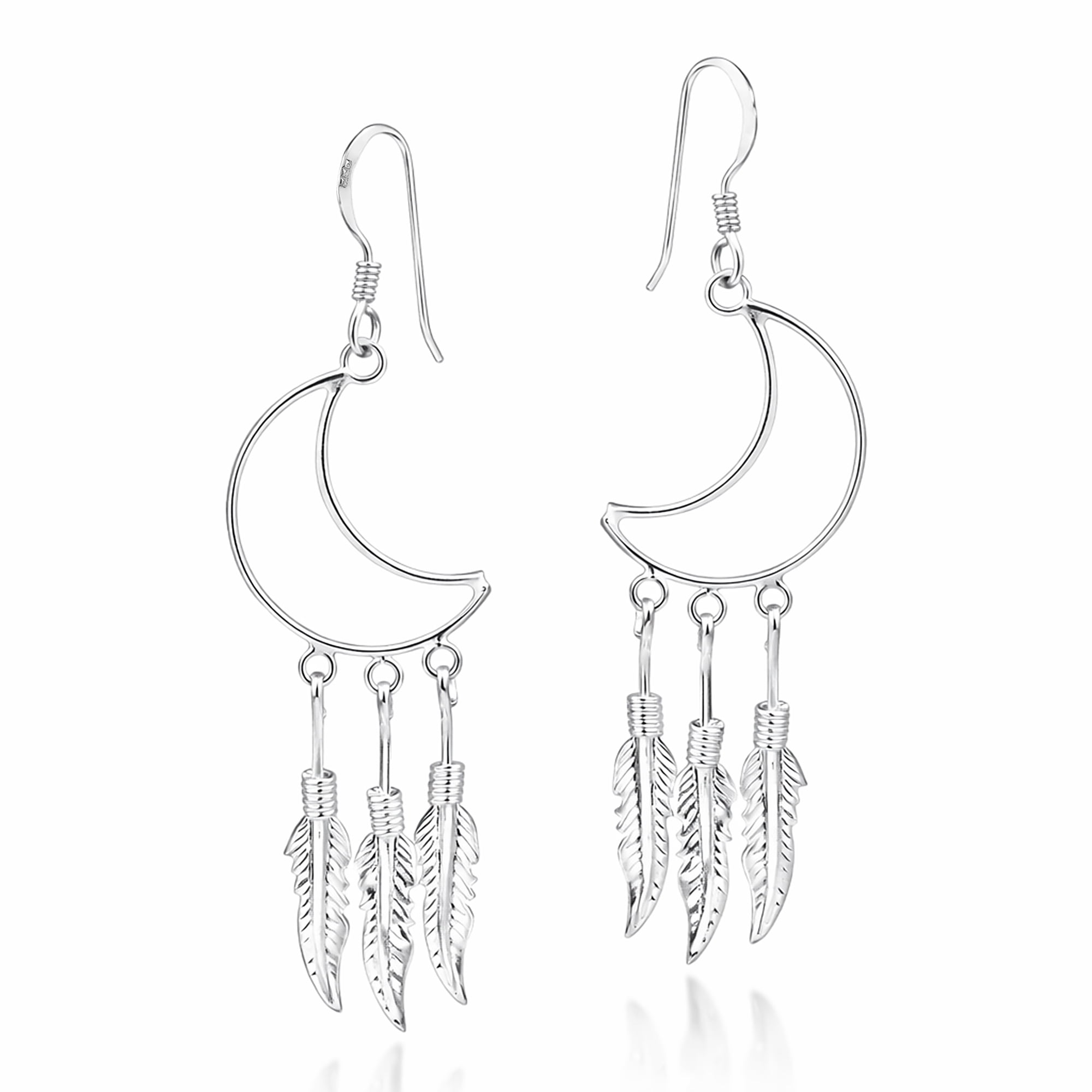 Crescent Moon Outline Chandelier Feathers Sterling Silver .925 Dangle ...