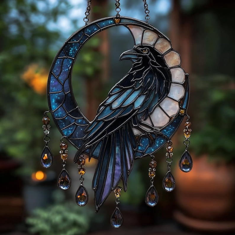 Crescent Moon Raven Suncatcher: Gothic Faux Stained Glass Window ...