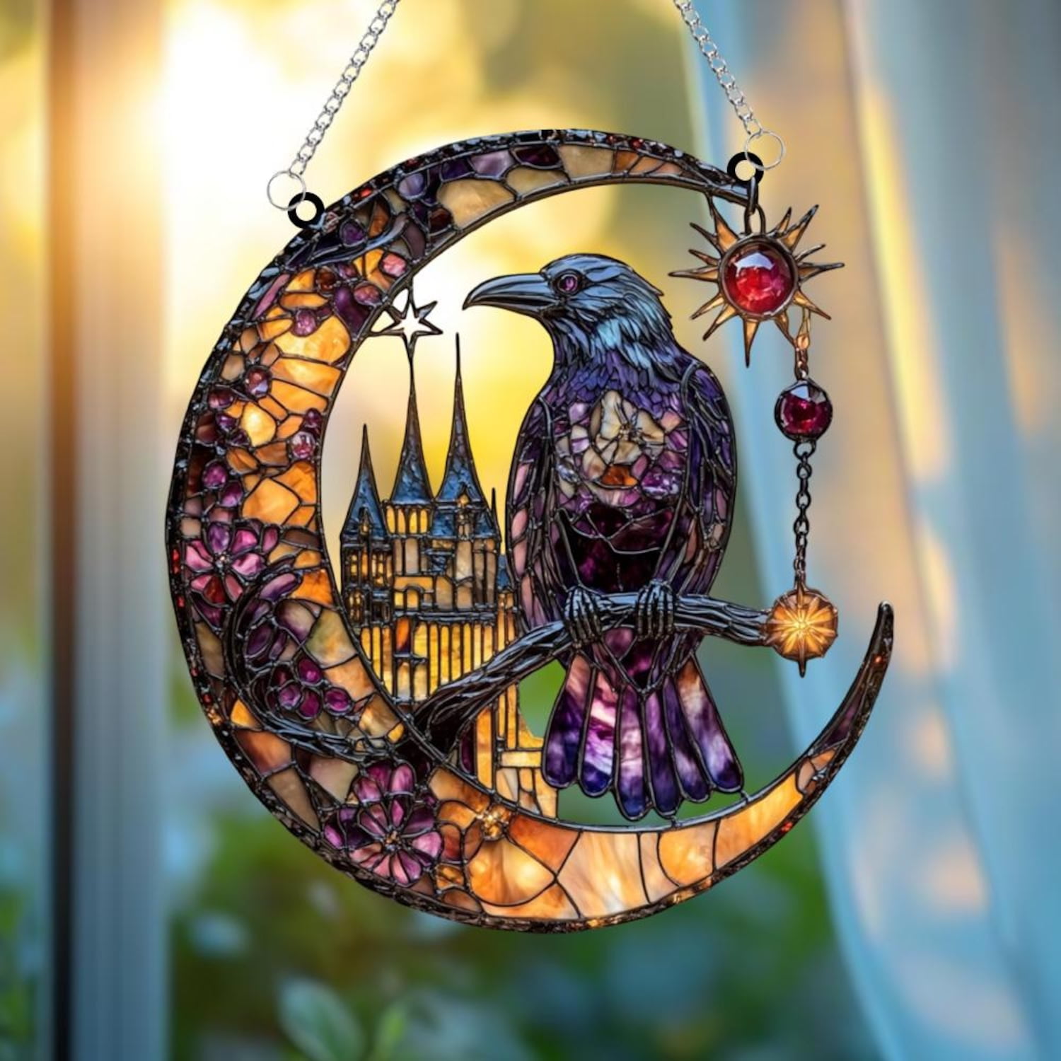 Crescent Moon Raven Window Sun Catcher, Gothic Bird with Castle Glow ...