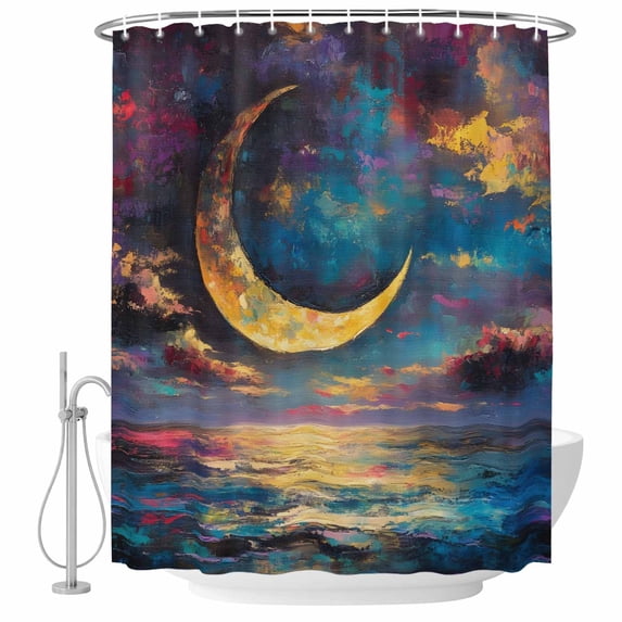Crescent Moon Shower Curtain Set with Hooks, Dreamy Gold Dark Purple ...
