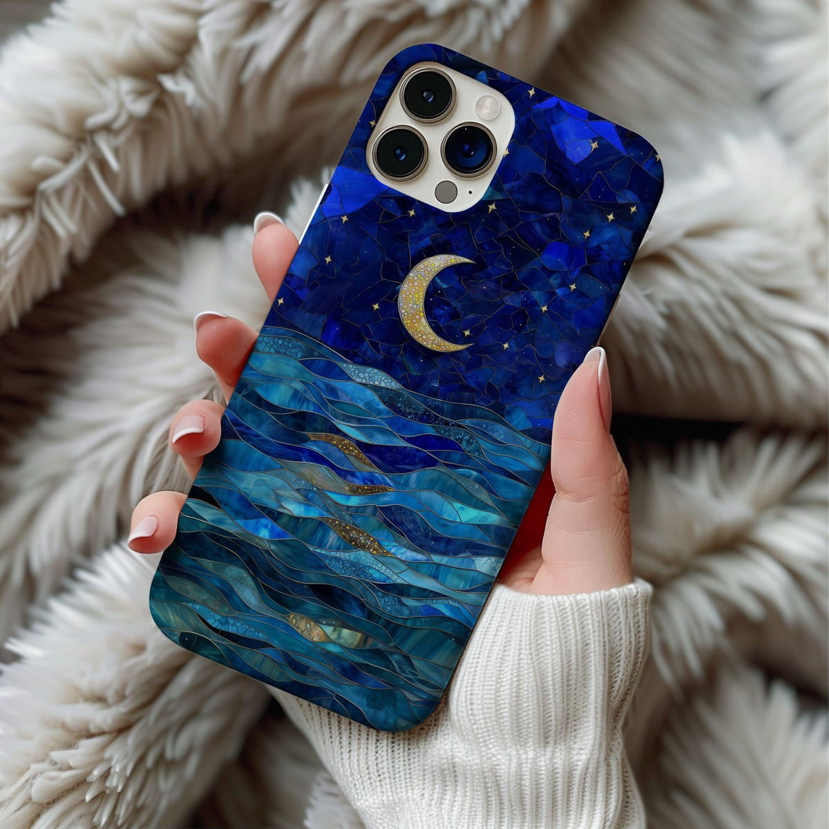 Crescent Moon Stained Glass Celestial Ocean Phone Case with iPhone 17 ...