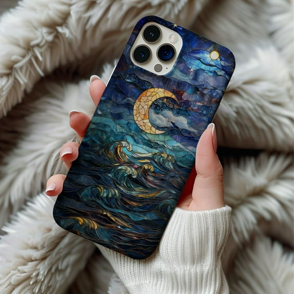 Crescent Moon Stained Glass Ocean Waves Phone Case with iPhone 17 to 11 ...