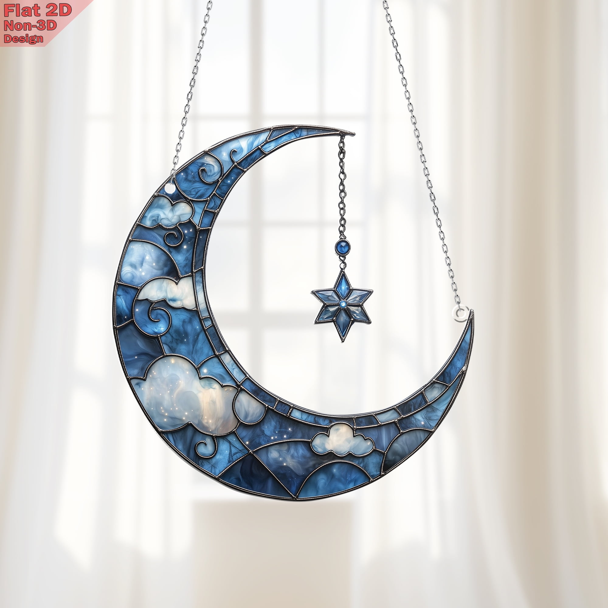 Crescent Moon & Star Acrylic Window Hanging – 2D Stained Glass Style ...