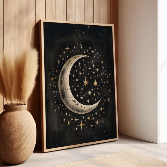Crescent Moon Starry Wall Art Gold Black Decor, Unframed Paper Print ...