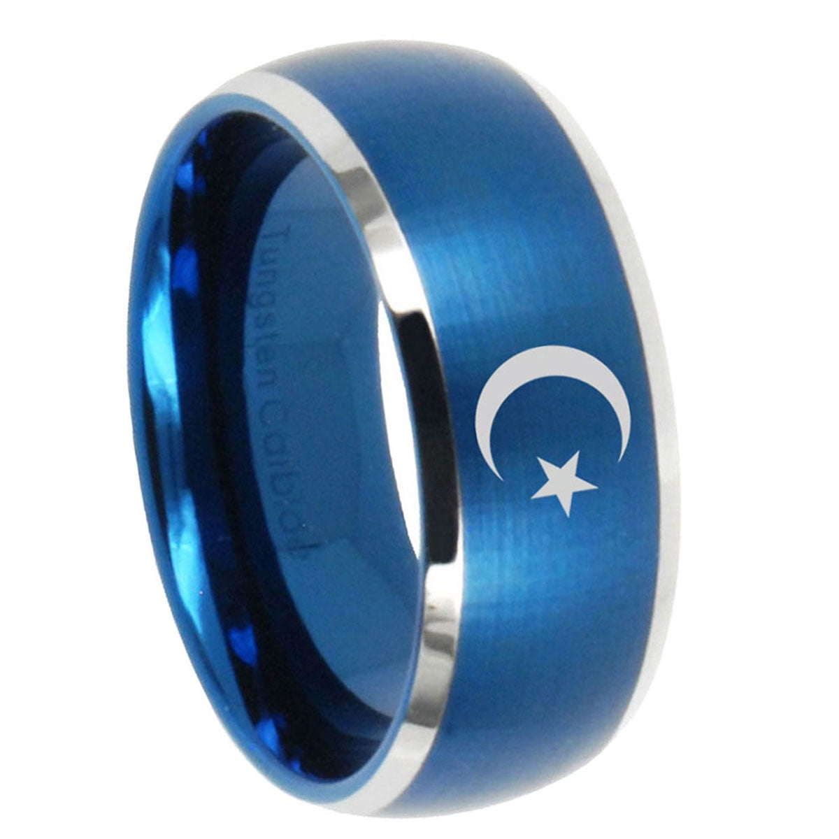 Crescent Moon Stars 8MM Dome Brushed Finish Blue Tungsten Men Ring ...