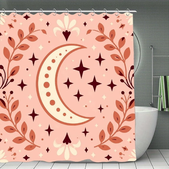 Crescent Moon Stars Pink Print Shower Curtain,Cloth Fabric Waterproof ...