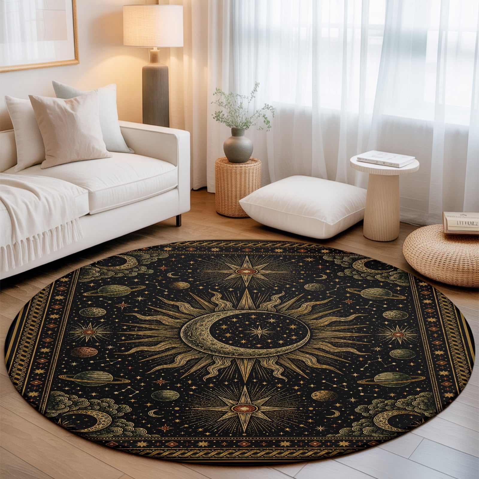 Crescent Moon Sunburst Round Living Room Rugs 3.3 ft, Vintage Mystical ...