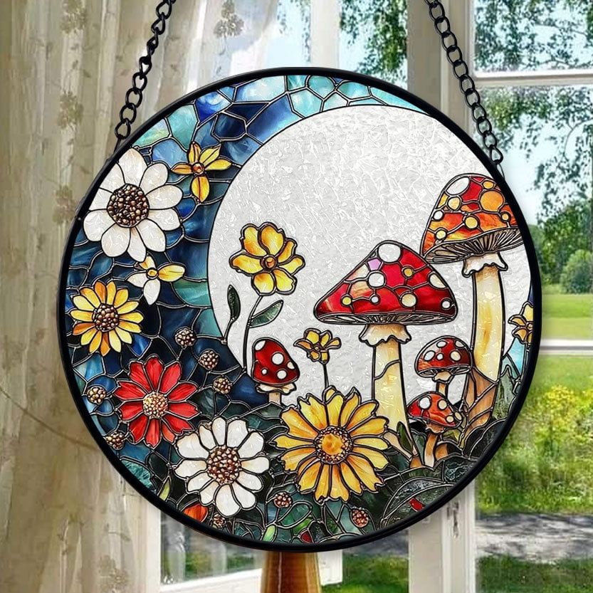 Crescent Moon Suncatcher with Colorful Mushrooms & Wildflowers ...