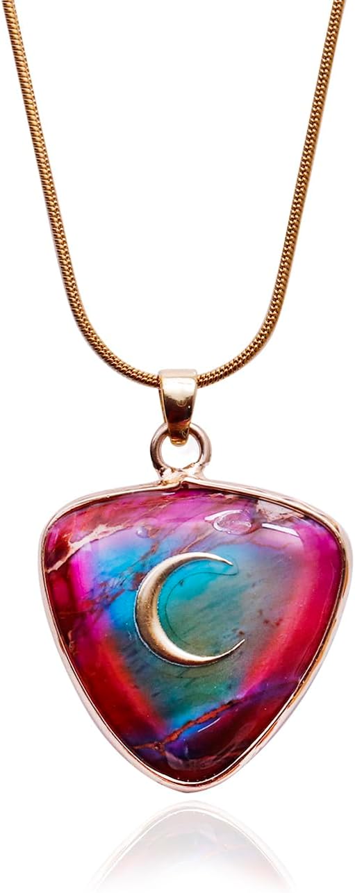 Crescent Moon Triangle Pendant Necklace, Imperial Jasper Stone, 18K ...