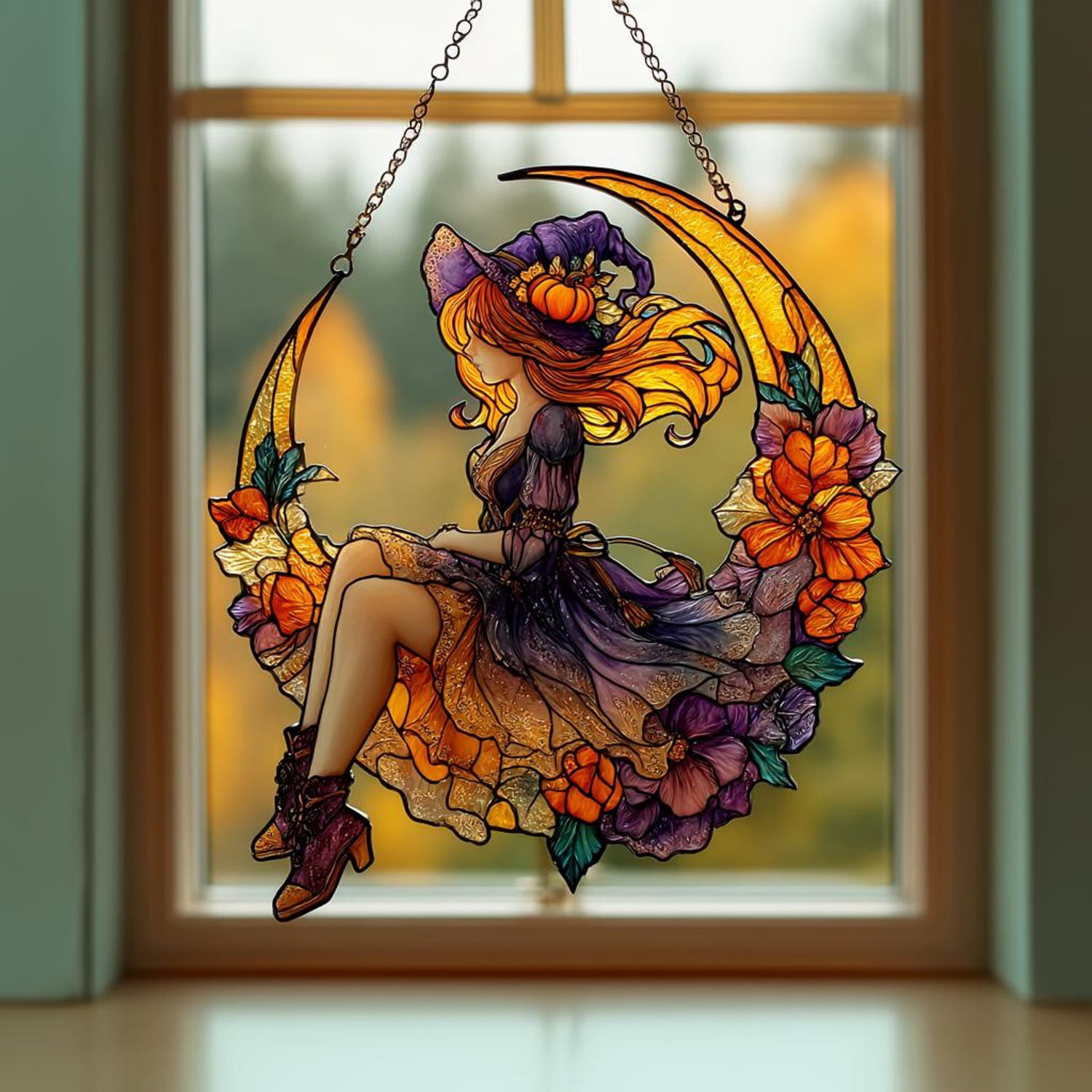 Crescent Moon Witch Acrylic Suncatcher - Faux Stained Glass Fall Window ...