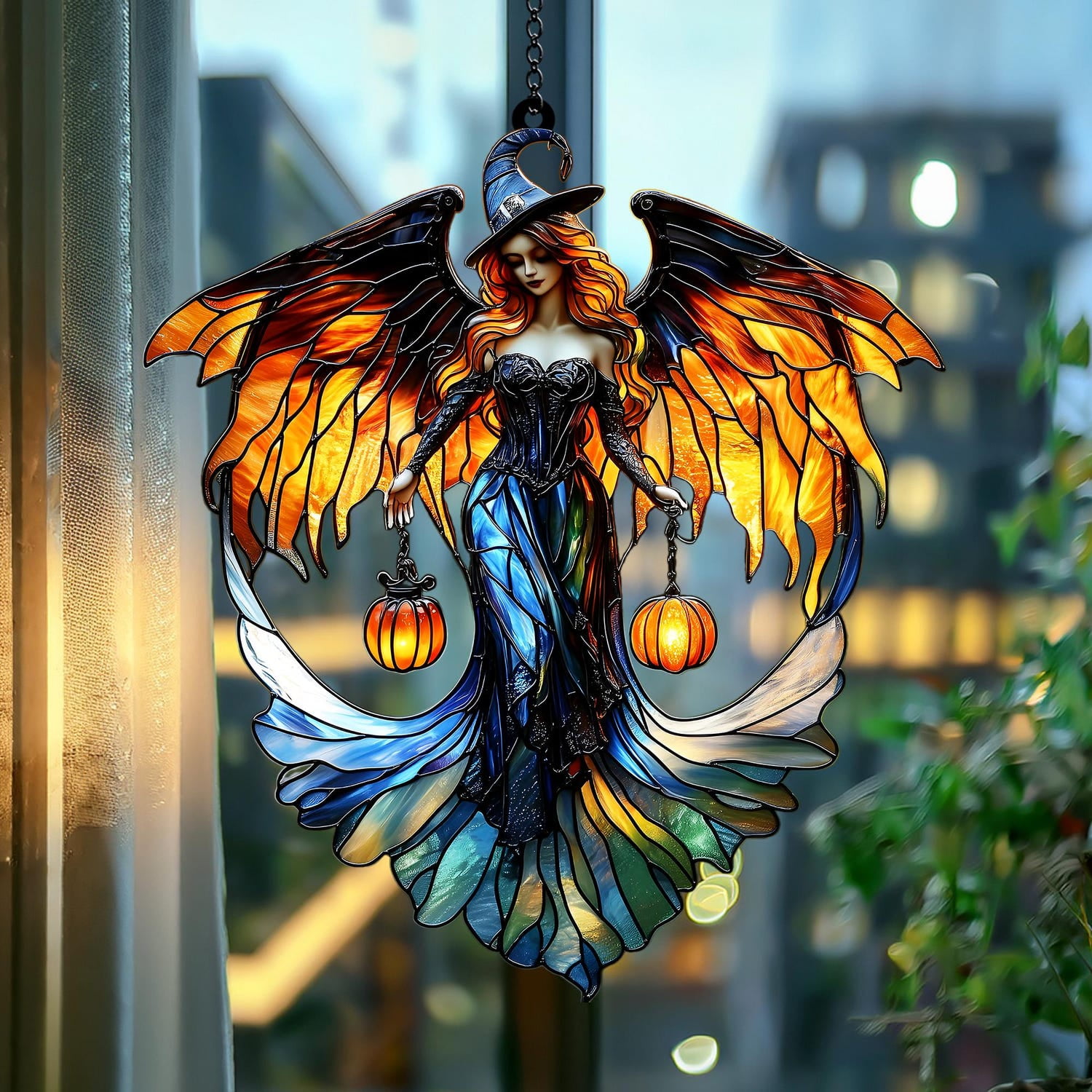 Crescent Moon Witch With Bats Acrylic Window Hanging, Pumpkin Lantern ...