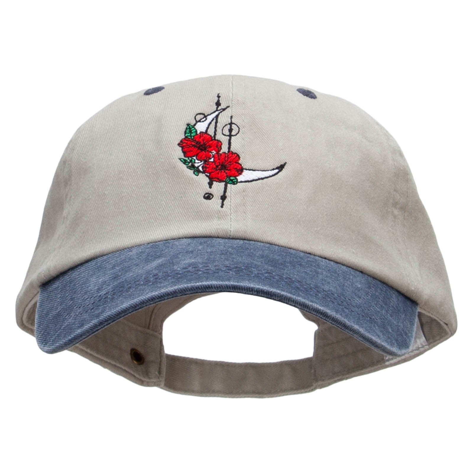 Crescent Moon With Flowers Embroidered Pigment Dyed Wash Cap - Beige ...