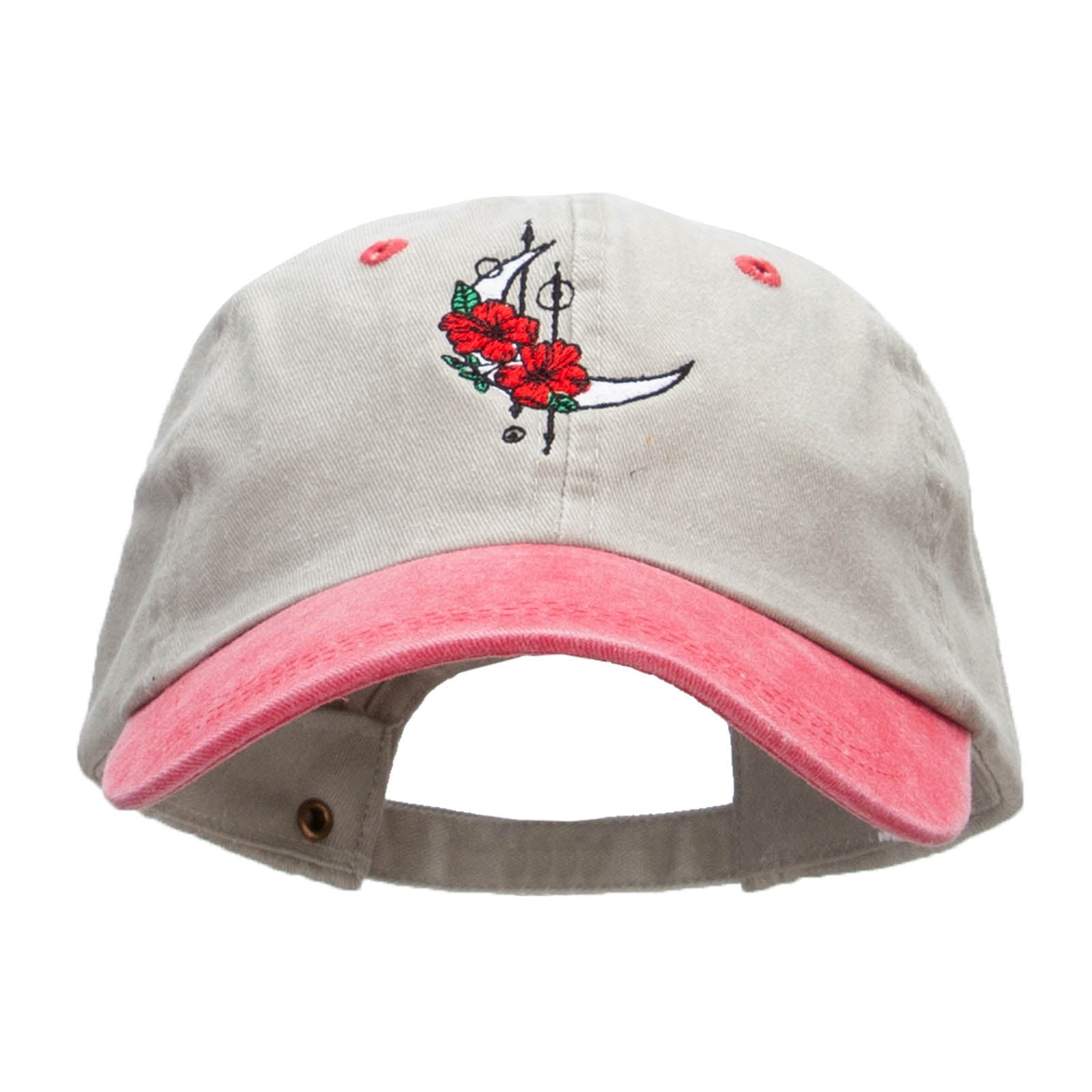 Crescent Moon With Flowers Embroidered Pigment Dyed Wash Cap - Beige ...
