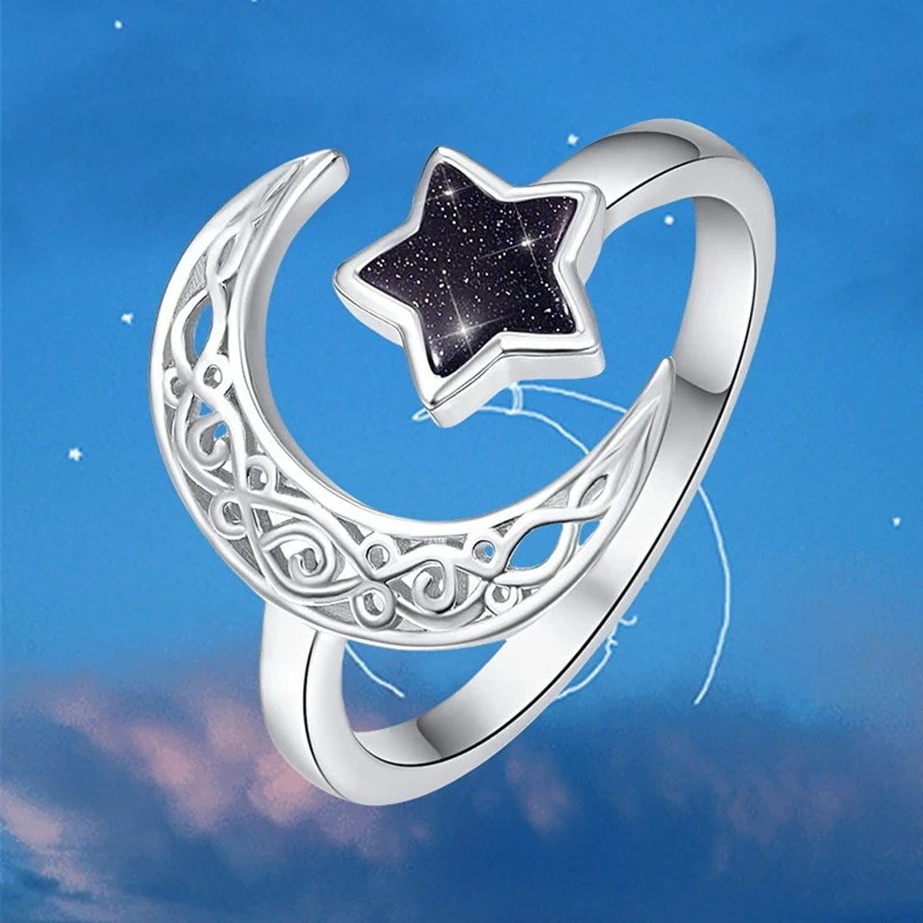 Crescent Moon and Star Adjustable Ring Glitter Celestial Jewelry, Wicca-Inspired Night Sky ...