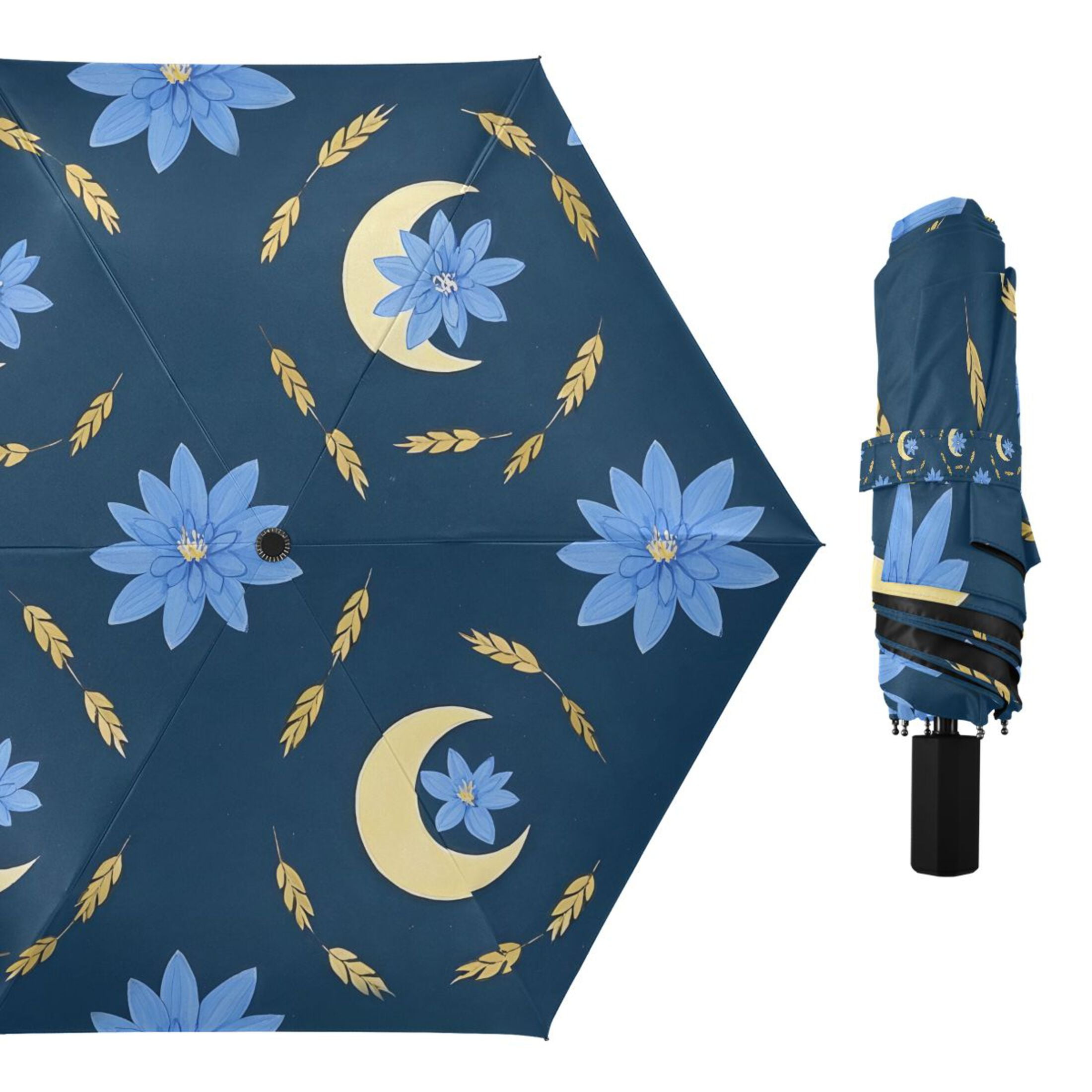 Crescent Moons Flower Wheat Compact Sun Umbrella Windproof Travel ...