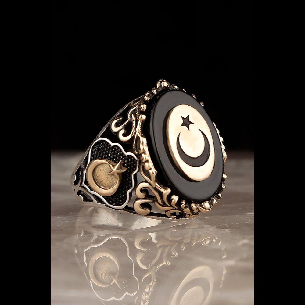 Crescent Star Onyx Stone 925 Sterling Silver Men's Ring - Walmart.com