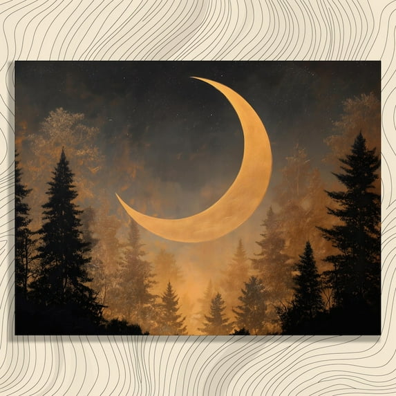 Crescent moon canvas wall art - golden night forest silhouettes dreamy ...