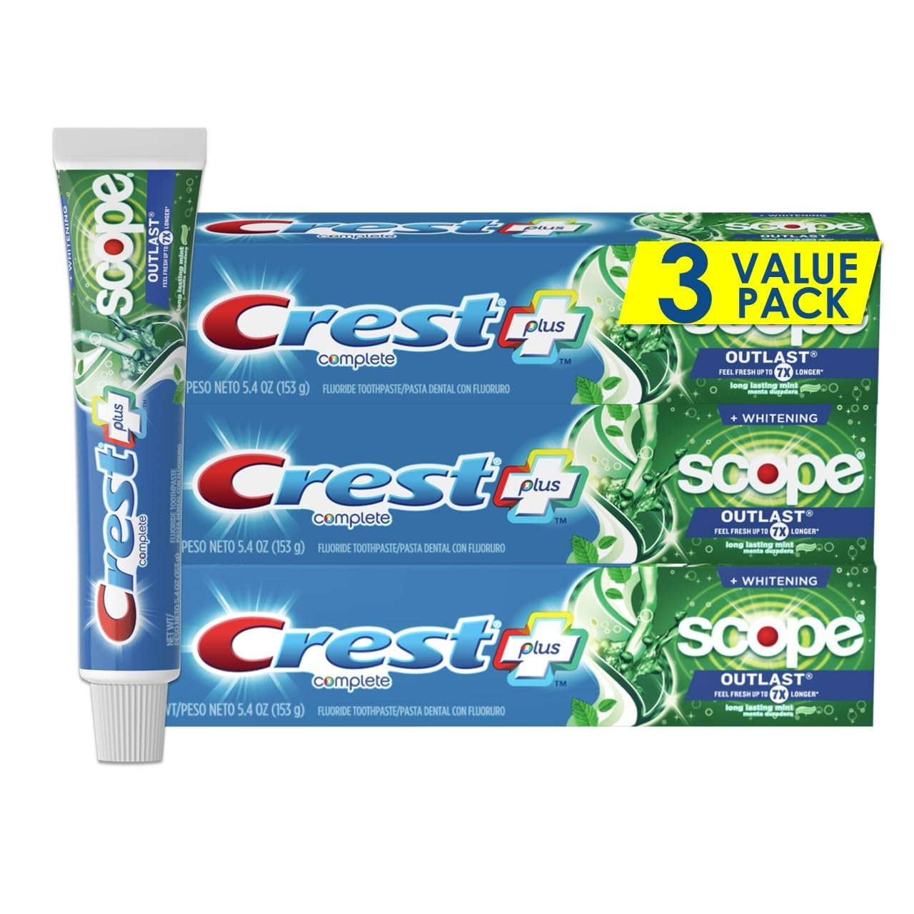 Crest Complete Whitening + Scope, Long Lasting Mint Toothpaste, Triple ...