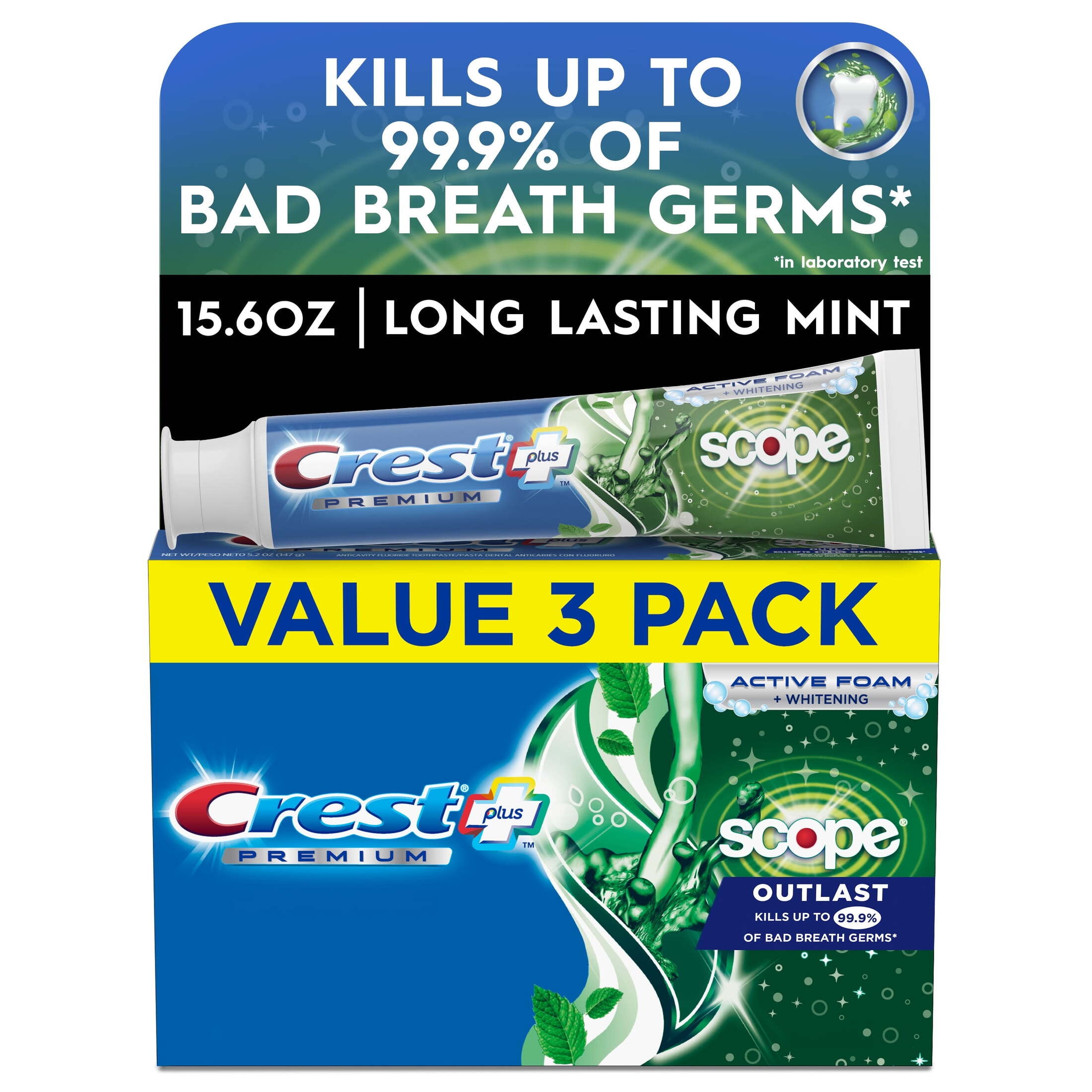 Crest Premium Plus Scope Outlast Toothpaste, Long Lasting Mint Flavor 5 ...
