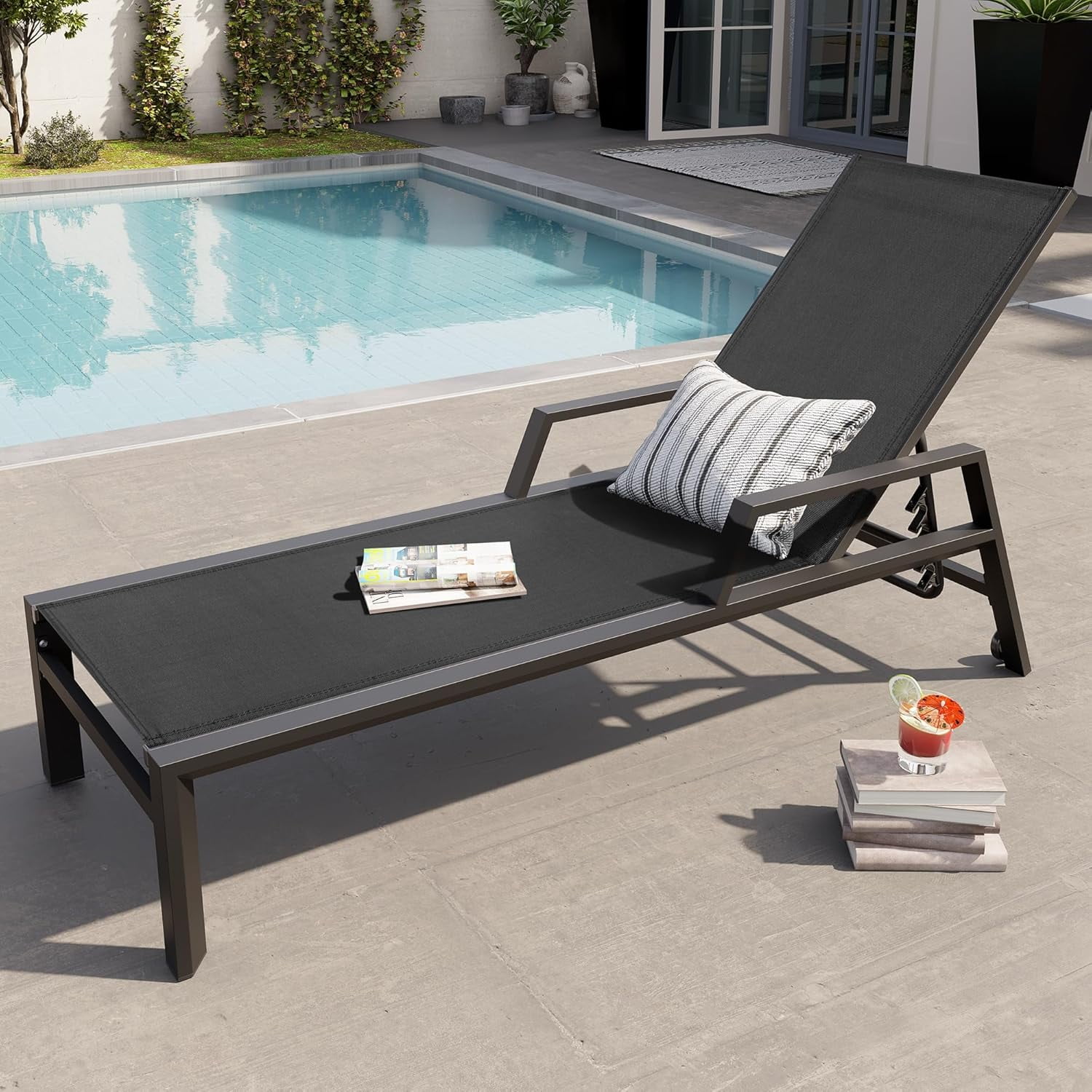Crestlive Products Outdoor Lounge Chair with Wheels and Armrest, Extra Large Pool Lounge Chairs ...