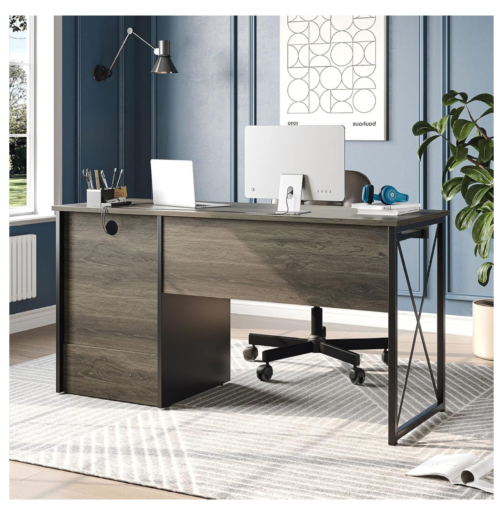 Crestora Office Desk with Drawers, 55 inch Industrial Computer Desk ...