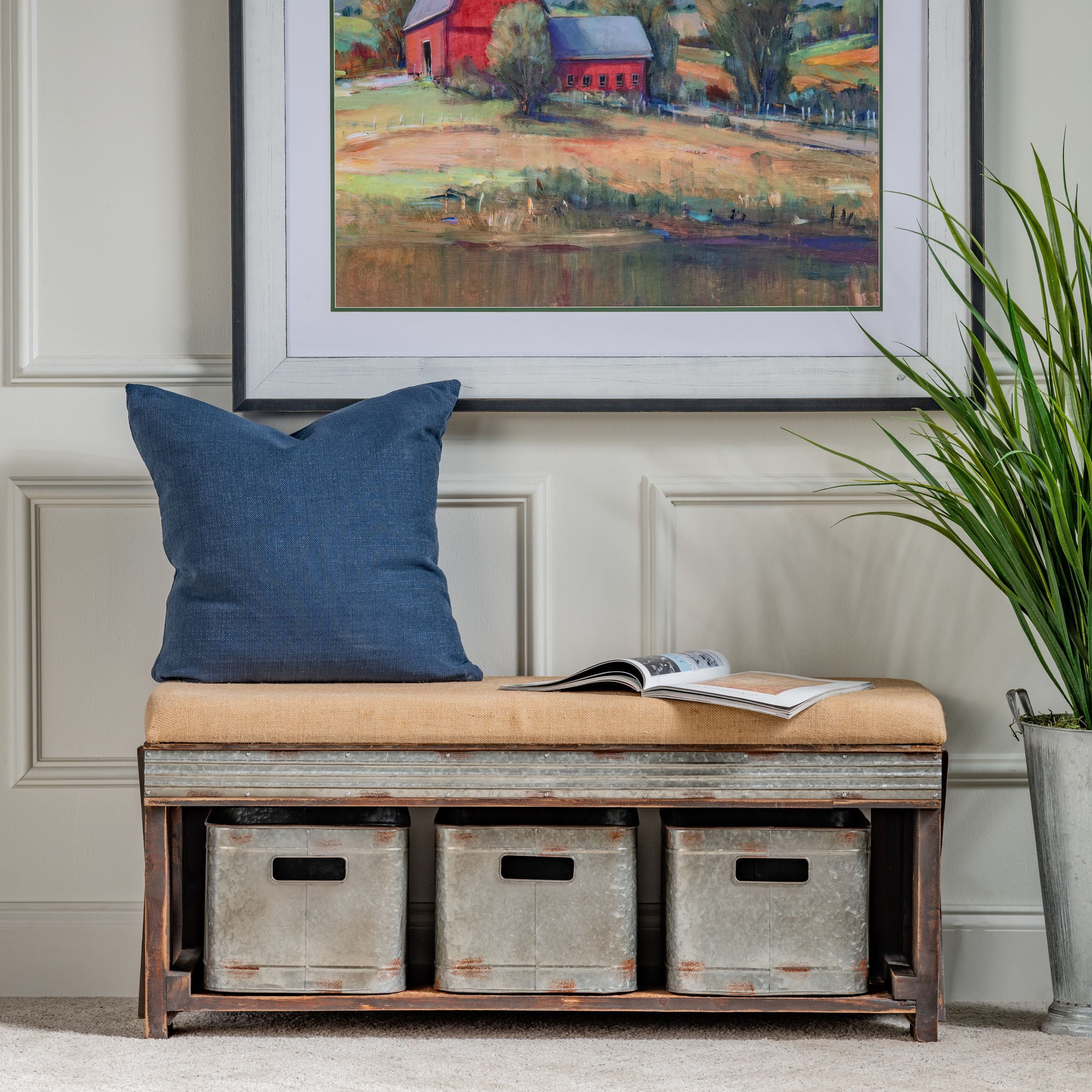 Hayworth Rustic Wooden Storage Bench with Natural Cushion, Industrial ...