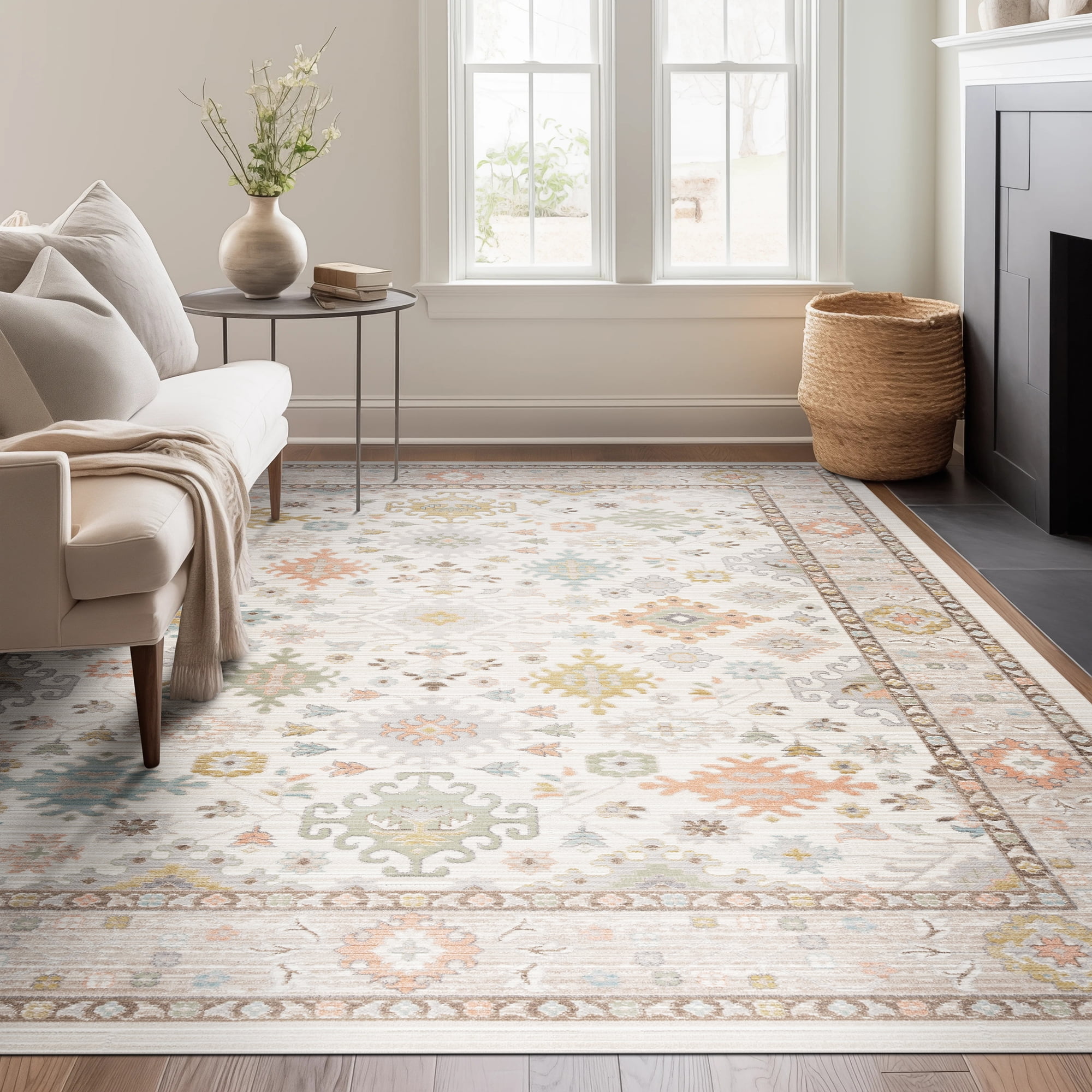 Crestwood Traditional Oriental 5x7 Cream and Aqua Polyester Indoor Area ...