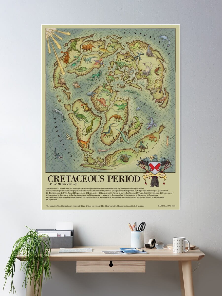 Cretaceous Period World Map (Medieval Bestiary Style) Poster Wall Art ...